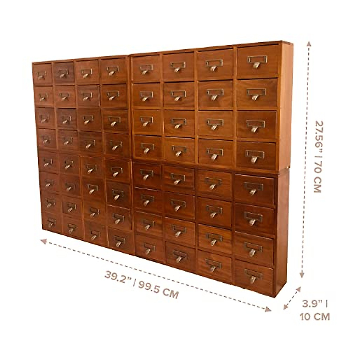 64-Drawer Wooden Storage Box (39.2”x3.9”x27.56”) Traditional Apothecary Cabinet in Walnut Wood - 64-Slot Wooden Desk Drawer Unit w/Label Holders & Handles - Multi Level Countertop Drawer Organizer