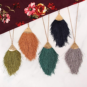 RIAH FASHION Antique Bohemian Silky Thread Fan Tassel Statement Necklace - Vintage Gold Feather Shape Strand Fringe Lightweight Long Chain (Feather Fringe - Hot Pink)