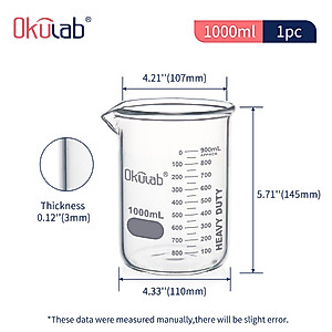 Okulab Heavy Duty Glass Beaker Set, Thick-Walled 3.3 Borosilicate Glass Beakers, with Double Scale Printed Graduation, Vol.1000ml, HBKG1000A1