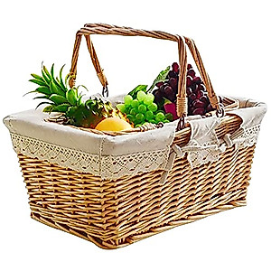Yesland Wicker Picnic Basket with Liner and Handle, 15.5 x 12 x 6.5 Inches Large Willow Country Picnic Basket/Easter Basket for Bath Toy, Kids Toy Storage, Egg Gathering, Wedding and Candy Gift