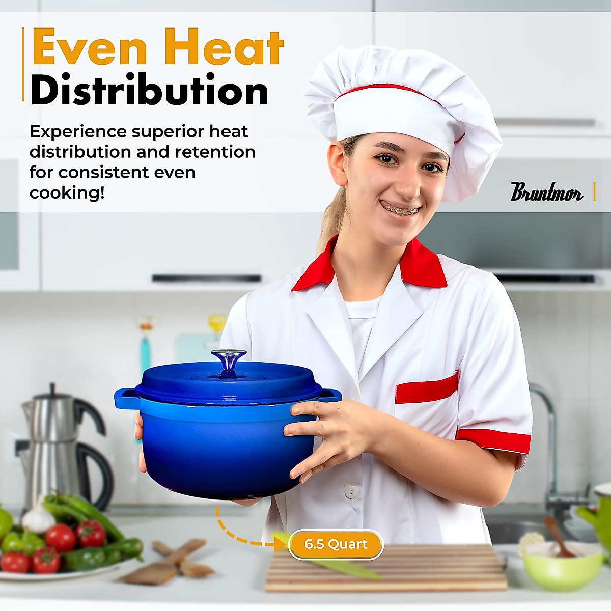 Bruntmor Pre-Seasoned 6.5 qt Enameled Cast Iron Round Dutch oven, 6.5 Quart Dutch Ovens Pot with Lid and Handle, Cast Iron Skillet, Heavy Duty Casserole Dish, Hand wash only, Duke Blue