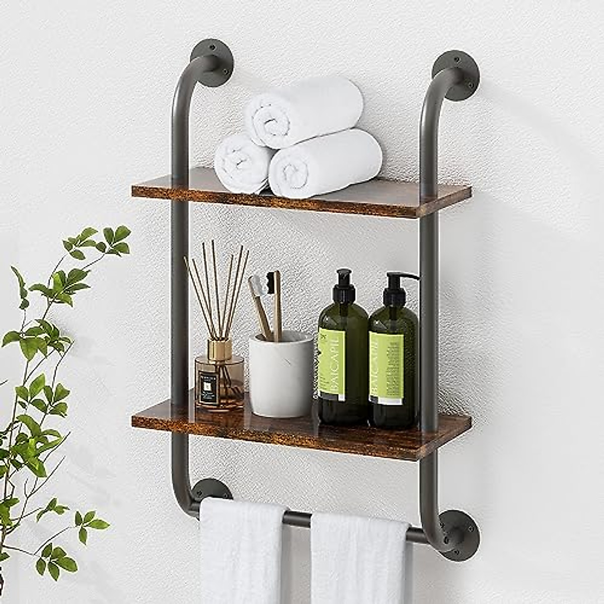 FLYJOE 2 Tier Bathroom Shelves with Towel Bar, Rustic Wall Mounted Industrial Pipe Shelving, Floating Shelves for Wall Decor & Storage for Bathroom Kitchen Living Room 23.6 x 16 Inch - Rustic Brown