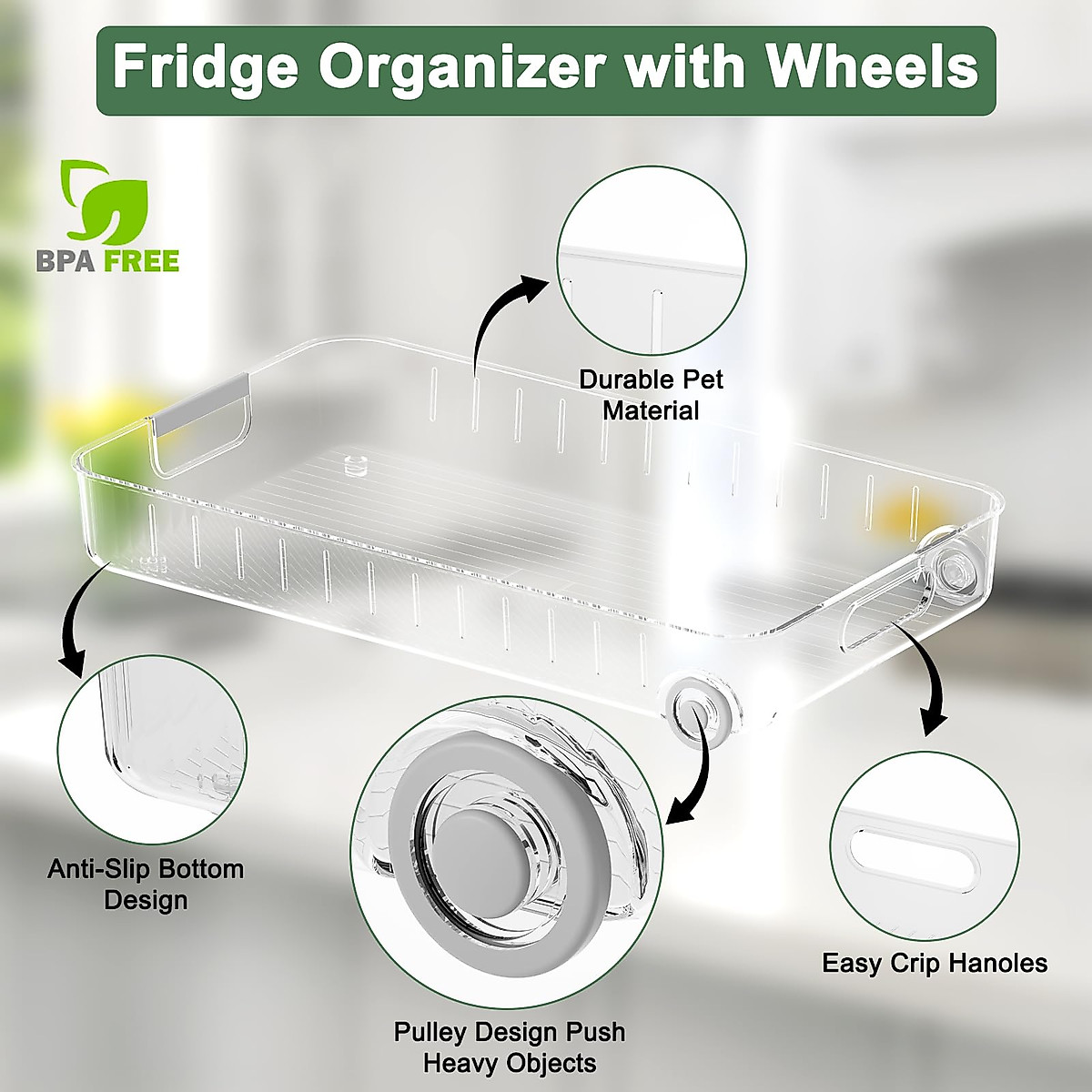 OZEPLASC Fridge Organizer with Wheels, 2 Pack Roll Out Refrigerator Drawer Organizer and Storage Clear Design with Dividers, Upgrade Thick Plastic Pantry Storage Bins, Kitchen Organization(Short)