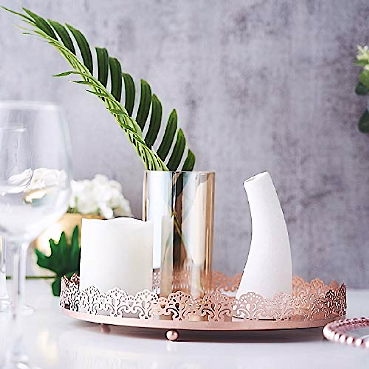 BalsaCircle 12-Inch Rose Gold Round Serving Trays Decorative Embossed Rim Dinner Wedding Reception Party Events Decorations Supplies