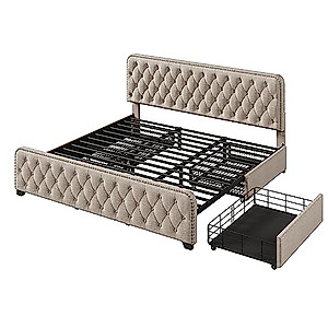 King Size Upholstered Platform Bed Frame with 4 Storage Drawers, Metal Bed Frame with Button Tufted Headboard and Footboard Sturdy Wood Slat Support, No Box Spring Required, Beige (Beige-KZC9A)