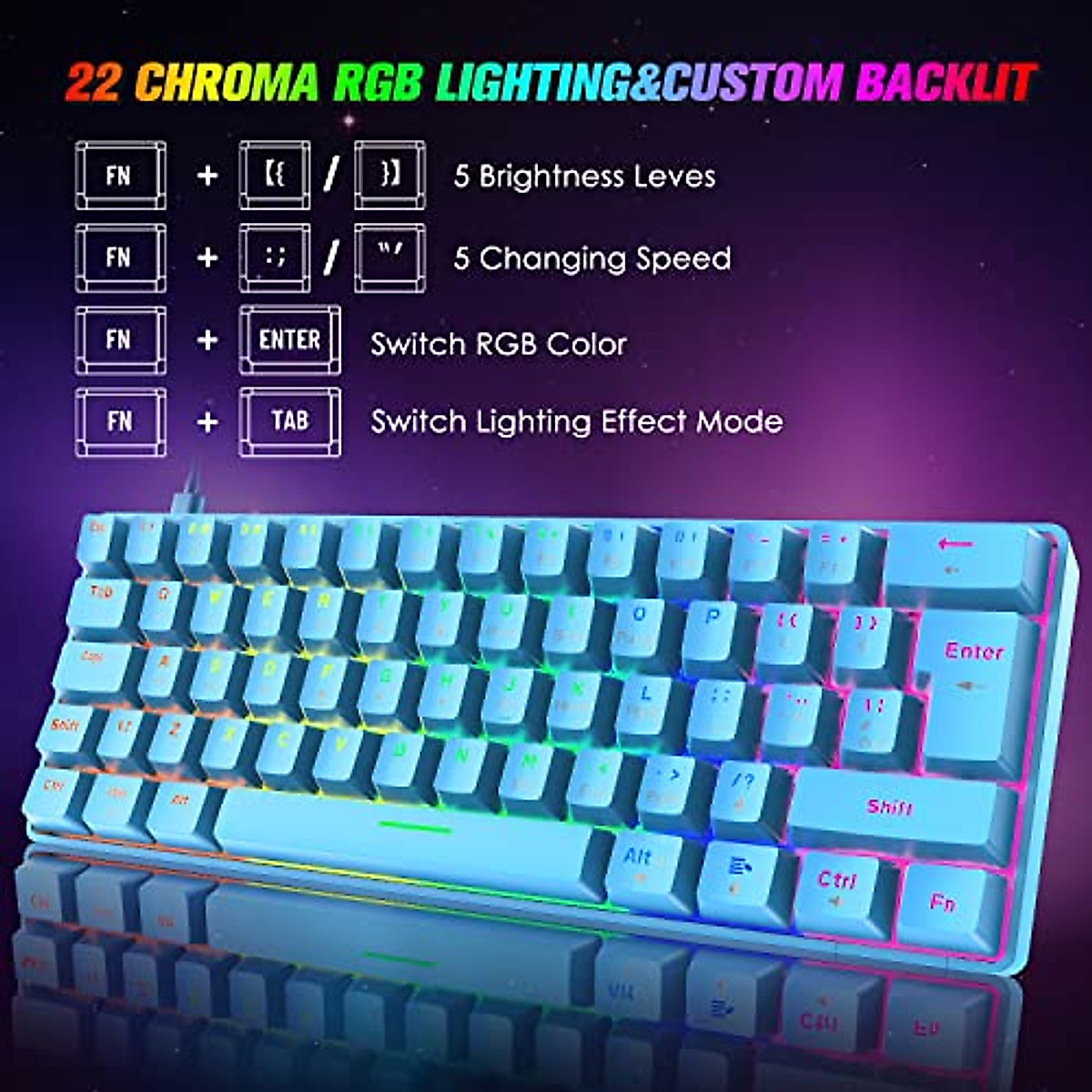 SELORSS Mini 60% Wired Mechanical Gaming Keyboard,22 RGB Chroma Backlit, Compact 62 Full Anti-ghosting Keys, USB C Cable,Replaceable Keycaps,Linear Switch for Gamer/Typist/Xbox/PC/Win/Mac(Blue)