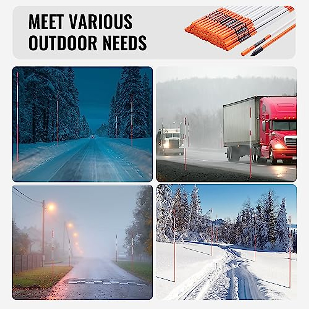 VEVOR Driveway Markers, 50 PCS 48 inch, 0.31 inch Diameter, Orange Fiberglass Poles Snow Stakes with Reflective Tape, 12" Steel Drill Bit & Protection Gloves for Parking Lots, Walkways Easy Visibility