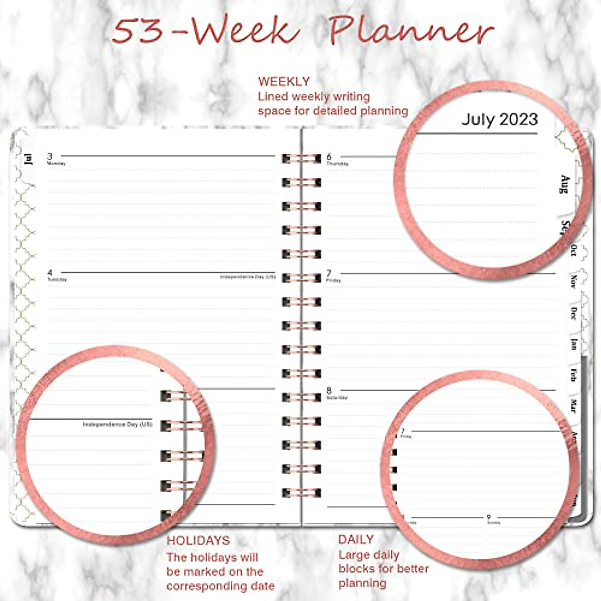 Planner 2023-2024 - Weekly Monthly Planner 2023-2024, JULY 2023 - DECEMBER 2024, Calendar Planner 2023-2024, 8.43" x 6.3", 2023-2024 Planner with Flexible Spiral Hardcover, Coated Tabs, Inner Pocket