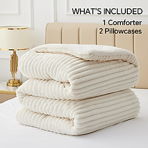 BEDELITE Fleece Queen Comforter Set -Super Soft & Warm Fluffy White Bedding, Luxury Fuzzy Heavy Bed Set for Winter with 2 Pillow Cases