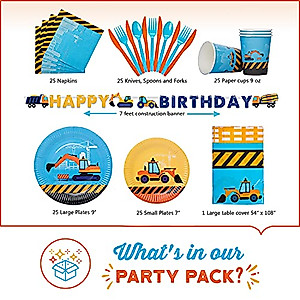 Construction Birthday Party Supplies Set | Baby Boy Toddler Kids Dump Truck Car Tractor Transportation Decorations – Cups Plates Signs Napkins Tablecloth Utensils – Decorations for Boys and Girls – Serves 25