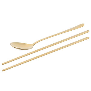 QANYEGN 304 Stainless Steel Spoon and Chopsticks, Flat Long Handle Chopsticks and Spoon Set with Gift Box, Korean Tableware Set for Home Kitchen, Restaurant(Gold)