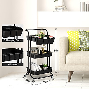 danpinera 3 Tier Rolling Utility Cart with Lockable Wheels & Hanging Cups & Hooks Storage Organization Shelves for Kitchen, Bathroom, Office, Library, Coffee Bar Trolley Service Cart (Black)