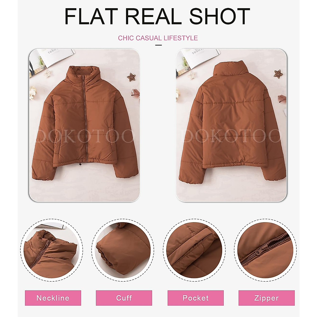 Dokotoo Womens Winter Coats Windbreaker Oversized Full Zipper Front Drawstring Hem Bomber Puffer Jacket Baggy Short Down Coats for Women Warm Comfy Outerwear with Pockets Small Orange