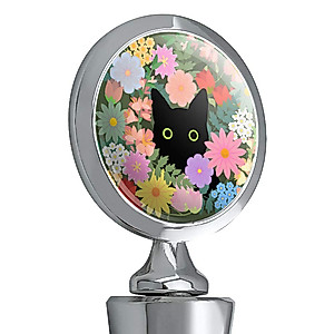 Black Cat Hiding in Spring Flowers Wine Bottle Stopper