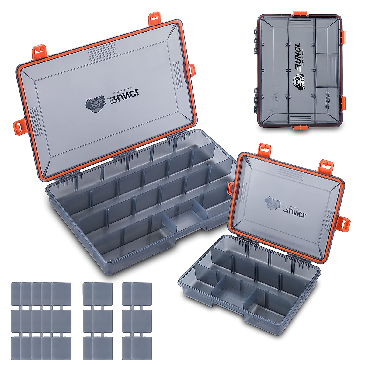 RUNCL Fishing Tackle Box, Waterproof Airtight Stowaway, 3600/3700 Tray Tackle Box with Adjustable Dividers, Plastic Storage Organizer(3700 and 2pcs smaller 3600)