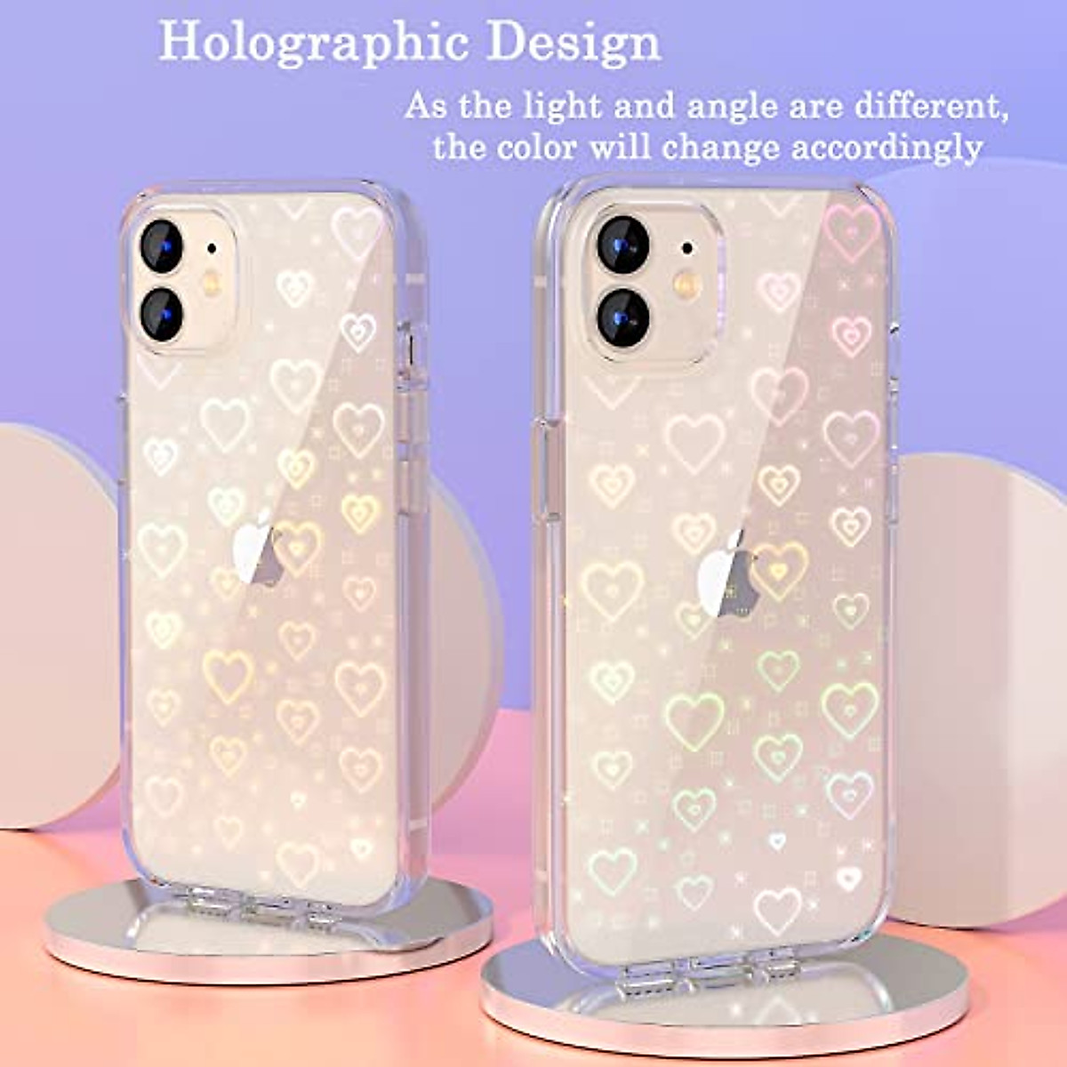 Tksafy Case for iPhone 12, iPhone 12 Pro Case, Clear Glitter Cute Laser Holographic Love Heart Pattern for Women Girls, Anti-Scratch Hard PC Protective Phone Cover for iPhone 12/12 Pro, Rainbow Heart