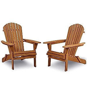 Adirondack Chair Weather Resistant Patio Chairs Folding Outdoor Chair w/Long Arms Solid Wooden Heavy Duty Reclining Fire Pit Chair for Deck, Lawn, Backyard, Garden Set of 2- Natural