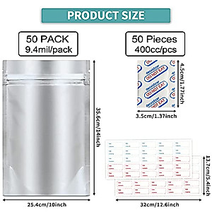 MUACL 50 Mylar Bags for Food Storage-10"x14" Extra Thick mylar bags with 50pcs*400cc Oxygen Absorbers and Label Stickers ,for Wheat, Rice, Legumes Meat Long Term Food Storage Home Organization