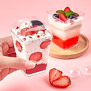 Zezzxu 50 Pack 5 oz Dessert Cups with Dome Lids and Spoons Mini Parfait Cups Clear Plastic Tasting Appetizer Bowls for Fruit Ice Cream Pudding Mousse