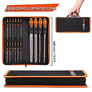 REXBETI 17Pcs Metal File Set, Premium Grade T12 Drop Forged Alloy Steel, Flat/Triangle/Half-round/Round Large File and 12pcs Needle Files, Cleaning Metal Wire Brush with Carry Case