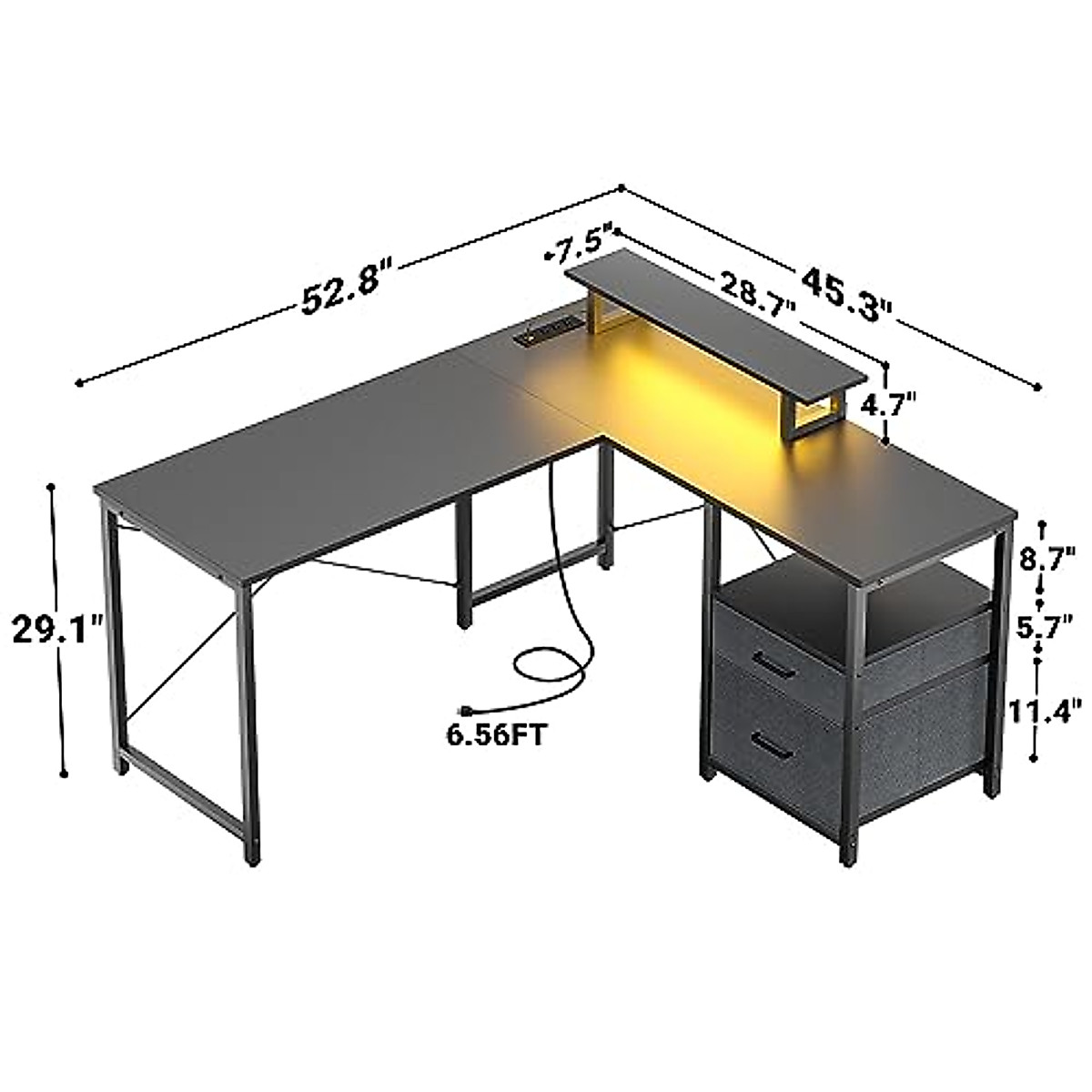 Homieasy L Shaped Computer Desk with Storage File Drawer, Reversible Home Office Desk with Recessed Power Strip and Led Strip, Corner Gaming Desk Work Study Table with Monitor Stand, Black