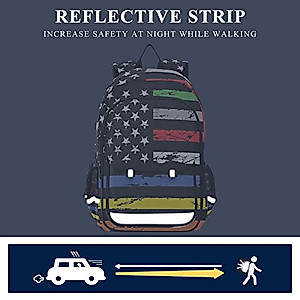 Glaphy American Flag Police Firefighter Backpack School Bag Lightweight Laptop Backpack Student Travel Daypack with Reflective Stripes