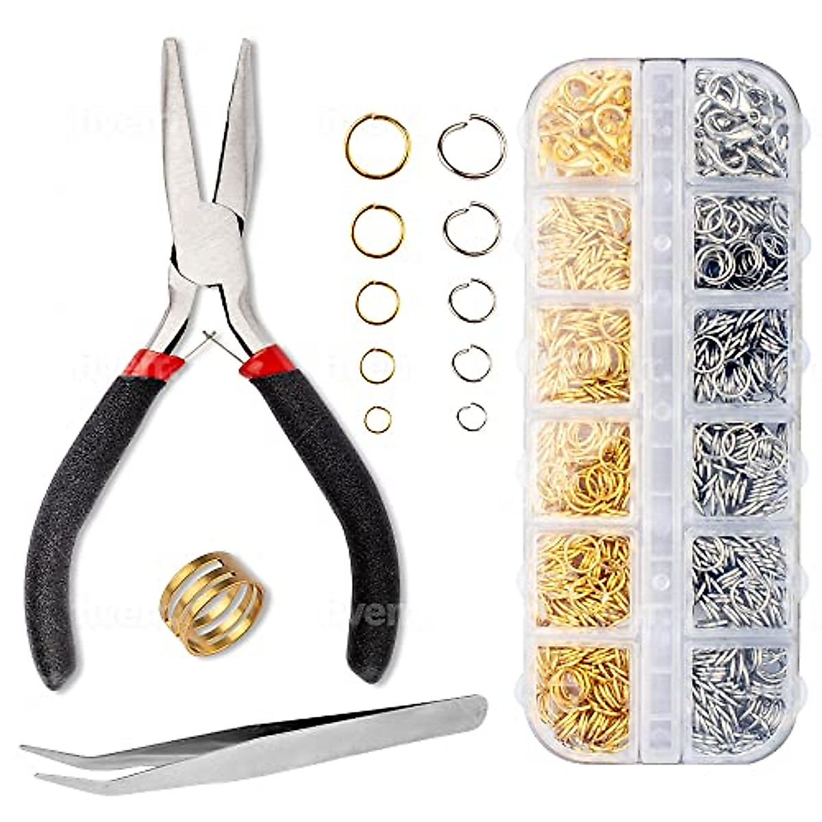 Anzlah Open Jump Rings and Lobster Clasps Jewelry Fixing Kit (1200 pcs Gold and Silver) with a Bent Nose Jump Ring Pliers, Tweezers, and a Jump Ring Opener (O Rings for Jewelry Making)
