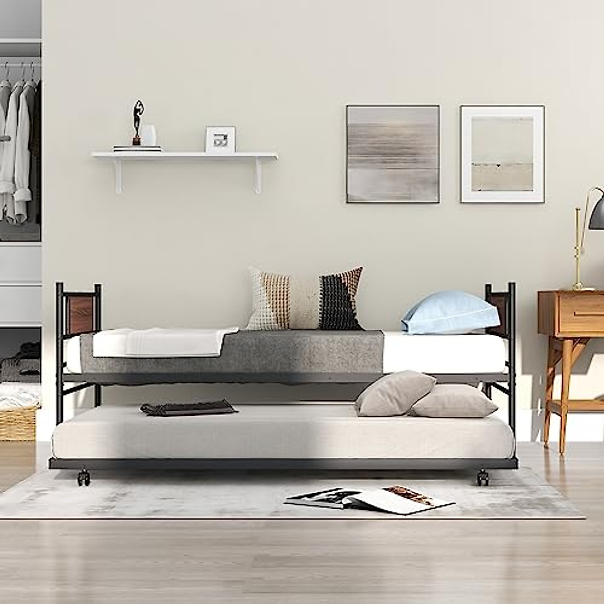 Giantex Metal Daybed with Trundle, Twin Size Day Bed with Wood Grain Headboard & Metal Slat Support, Space-Saving Trundle Sofa Bed for Living Room Guest Room, Easy Assembly, No Box Spring Needed