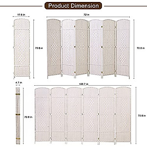 Duraspace 6 Panels Room Divider 6 FT Tall Weave Fiber Privacy Screen Freestanding Double Hinged Folding Screen Extra Wide Room Dividers for Patio Privacy (Off White)