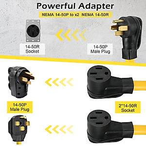 50 Amp Y Splitter Adapter, NEMA 14-50P to 2 Outlet 14-50R Y Splitter for RV and EV, 3 Feet 120V/240V 4 Prong 6AWG/3C + 8AWG/1C for Male Plug Female Receptacle Outdoor Power Cord