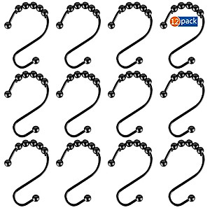 Shower Curtain Rings 12 Pcs Shower Curtain Hooks Metal Rust Resistant S Shaped with Rollers Shower Curtain Ring Hangers for Bathroom, Kitchen, Curtains, Clothing, Towels