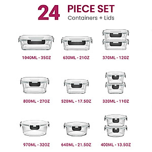 FineDine 24-Piece Superior Glass Food Storage Containers Set - Newly Innovated Hinged Locking lids - 100% Leakproof Glass Meal-Prep Containers, Great On-the-Go & Freezer-to-Oven-Safe Food Containers