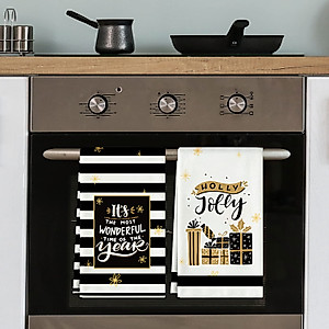 AnyDesign Christmas Kitchen Towel Black White Stripe Dish Towel Gold Snowflake Happy Holiday Tea Towel 18 x 28 Inch Farmhouse Hand Drying Towel for Cooking Baking, Set of 4