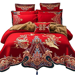 EsyDream Luxury Double Happiness Dragon and Phoenix Bird Embroidery Chinese Wedding Red Bedding Set King Queen Size 100% Cotton Embroider Red Wedding Duvet Bedlinen Sets(Color 1 King,6PC/Set)