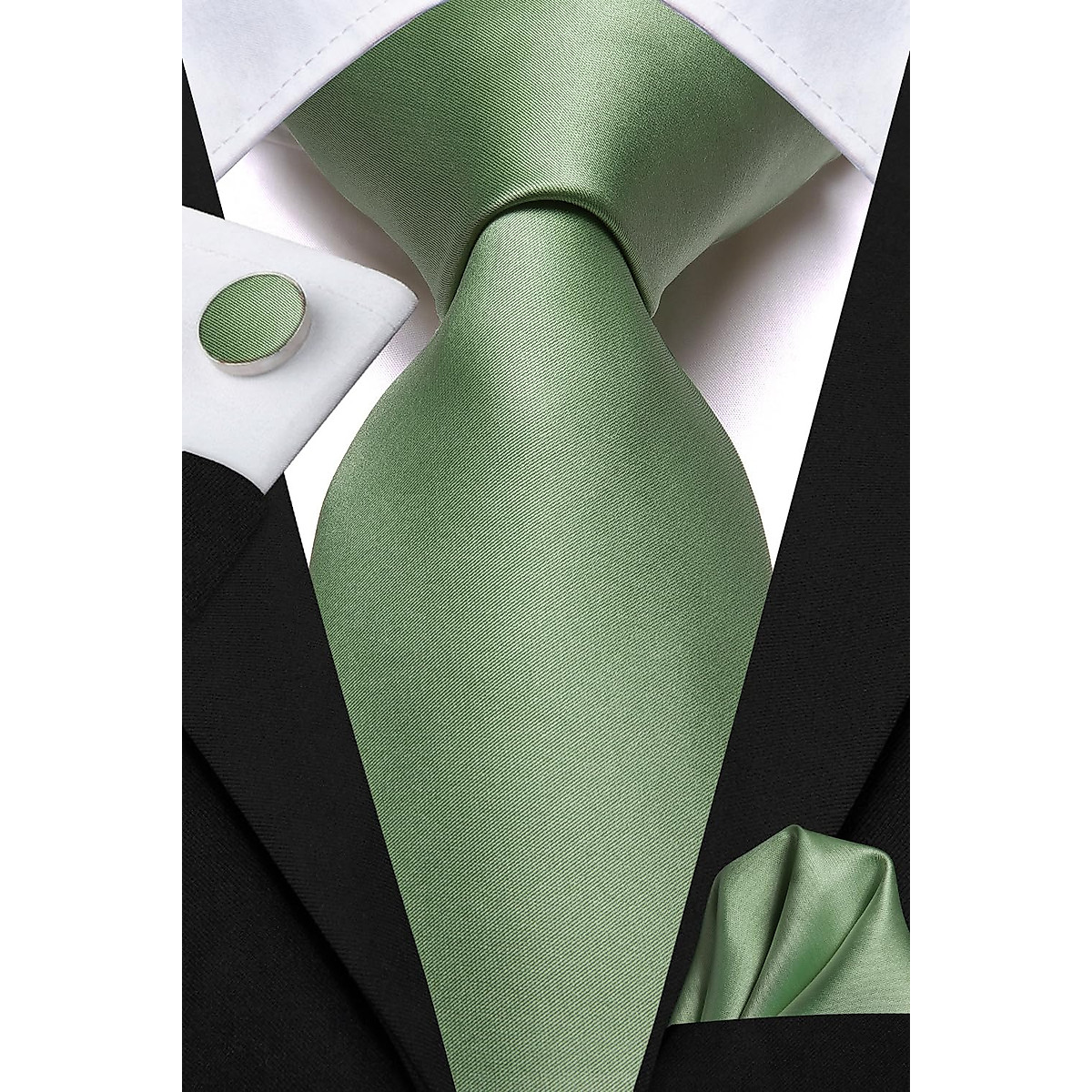 Hi-Tie Men Ties Sets Silk Stripe Paisley Necktie Pocket Square Cufflinks for Business Wedding,Sage Green