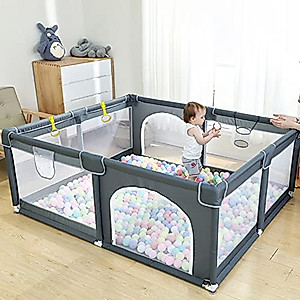 71x59in Large Baby Playpen- Play Yard for Babies Toddlers- Portable Baby Fence Indoor with Door- Anti-Fall Activity Center with Ocean Balls Pull Rings Storage Bag