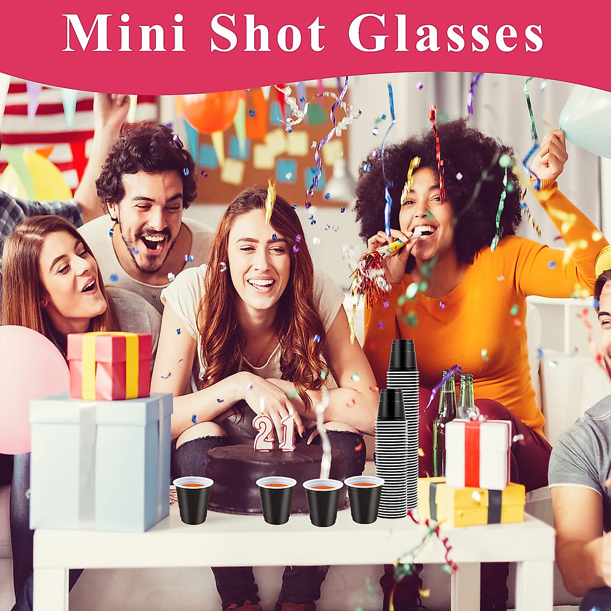 Cynquma 200Pcs 2 oz Black Plastic Shot Glasses, Disposable Mini Party Cups for Drinking, Birthday Parties, Weddings, and Other Occasions