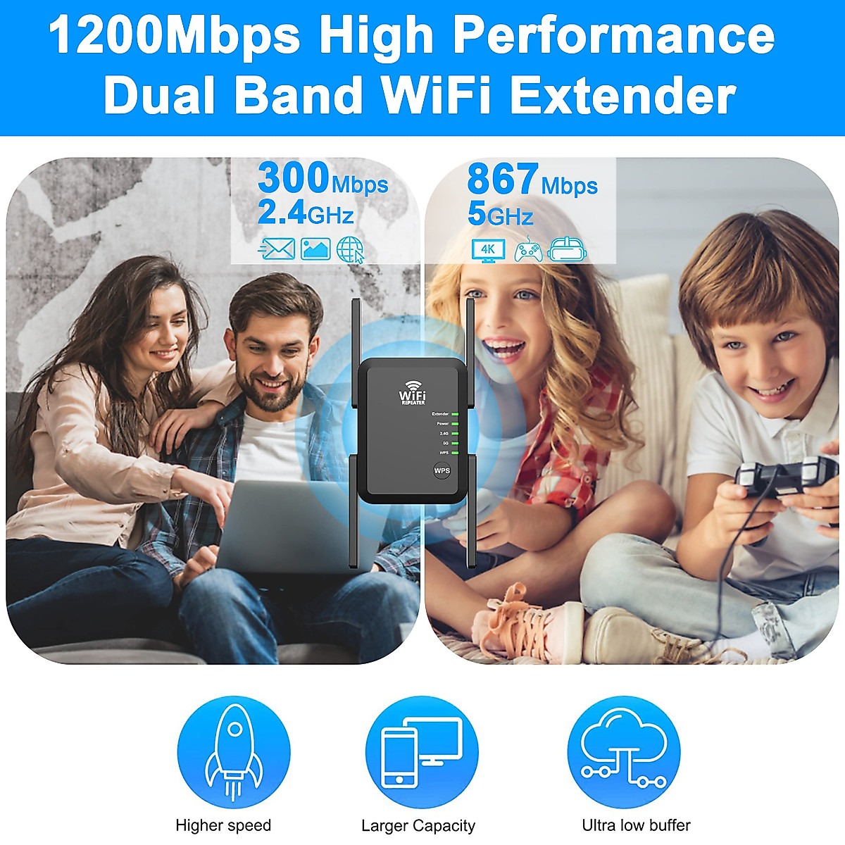 WiFi Extender Signal Booster Long Range Coverage to 8000sq.ft and 45+ Devices, WiFi 2.4&5GHz Dual Band WPS WiFi Signal Strong Penetrability, 360°Coverage Supports Ethernet Port