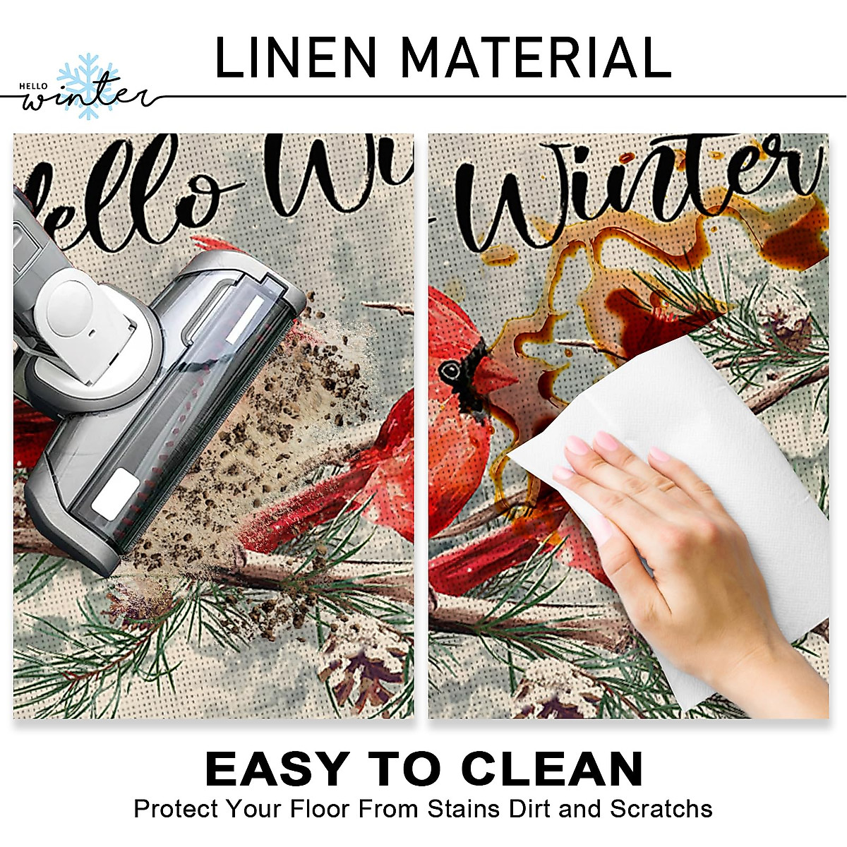 Tailus Hello Winter Cardinal Kitchen Rugs Set of 2, Red Bird Pine Tree Snow Buffalo Plaid Farmhouse Kitchen Mats Decor, Christmas Holiday Seasonal Floor Door Mat Home Decorations -17x29 and 17x47 Inch