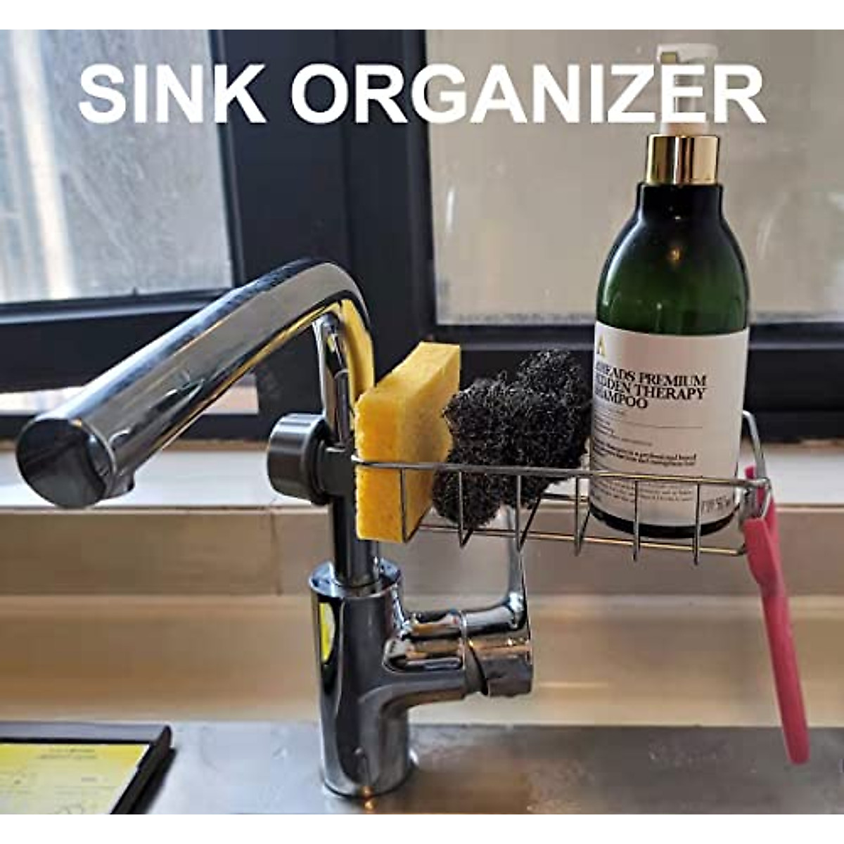 NCARSTER Stainless Steel Faucet Rack for Kitchen Sink, 2 PCS Kitchen Sink Caddy Sponge Holder Organizer, Shower Shelf Rack Organizer (Silver)