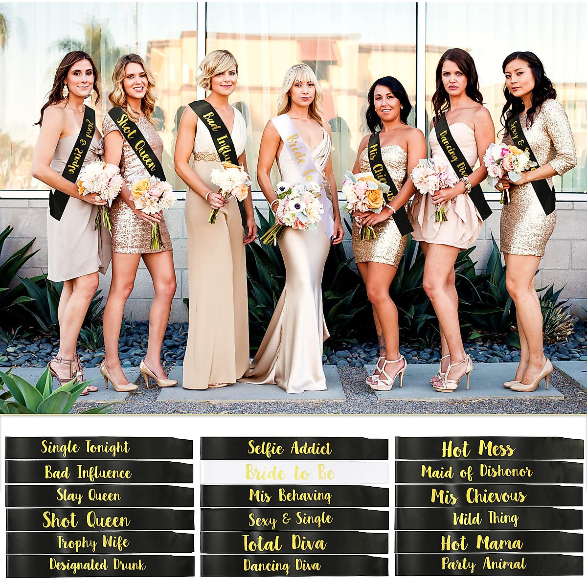 PHOGARY 18 Pack Bachelorette Sashes for Bridal Party - 17 Black Team Bride Sashes with 1 White Bride to Be Sash - Funny Sashes Set for Hen Party Bachelorette Party Bridal Shower Wedding Party