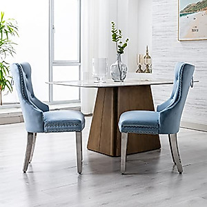 Restworld Velvet Dining Chairs Set of 2,Upholstered Tufted Back Nail Trim Accent Chair with Stainless Steel Legs,Blue