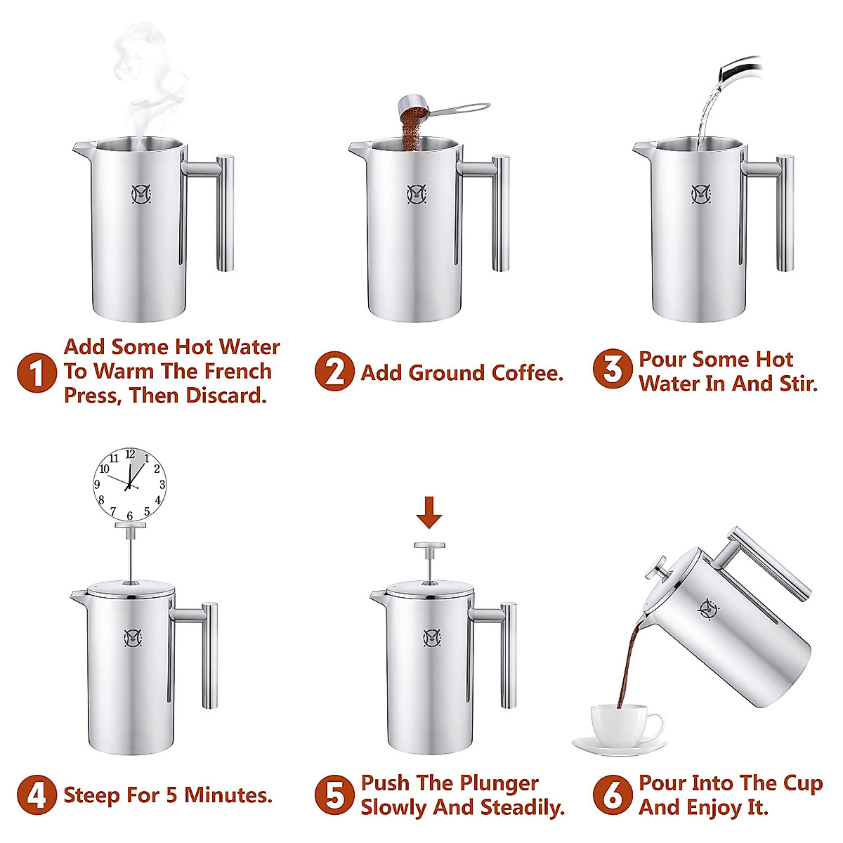 Magicafé French Press Coffee Maker – Single Serve 1 Cup Small Stainless Steel Thermal Double Walled French Press 350ML/12OZ