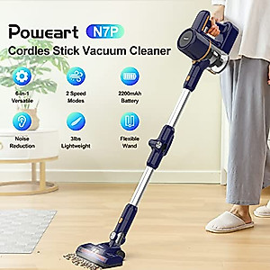 POWEART Cordless Vacuum Cleaner, 6 in 1 Multifunction Cordless Stick Vacuum, 2200mAh Vacuum Cleaner Rechargeable, Lightweight Vacuum Cleaner Hardwood Floor Pet Hair Home