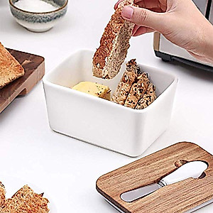 DOWAN Porcelain Butter Dish with Knife - Covered Butter Container with Wooden Covers for Countertop, Farmhouse Butter Dish with Lid Perfect for East West Coast Butter, White