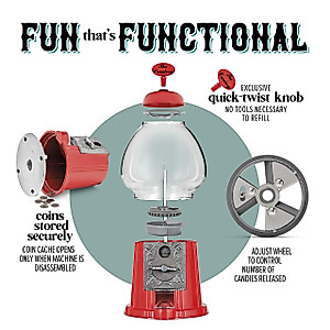 Gumball Machine - 15 Inch Candy Dispenser with Stand for 0.62 Inch Bubble Gumball - Heavy Duty Red Metal with Large Glass Bowl - Easy Twist-Off Refill - Free or Coin Operated - by The Candery