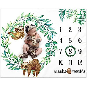 Sloth Baby Monthly Milestone Blanket Baby Boy Greenery Watercolor Jungle Baby Blanket for Boys and Girls Newborn Baby Gift Idea Photography Backdrop Soft Fleece Blanket