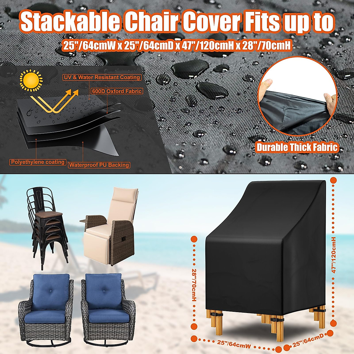 Likorlove Stackable Patio Chair Cover, 25"W x 25"D x 47"H Stacking Outdoor Chair Cover Waterproof High Back Patio Furniture Covers Stacked Chairs, Fits for 4-6 Stackable Dining Chairs, Black (1 Pack)