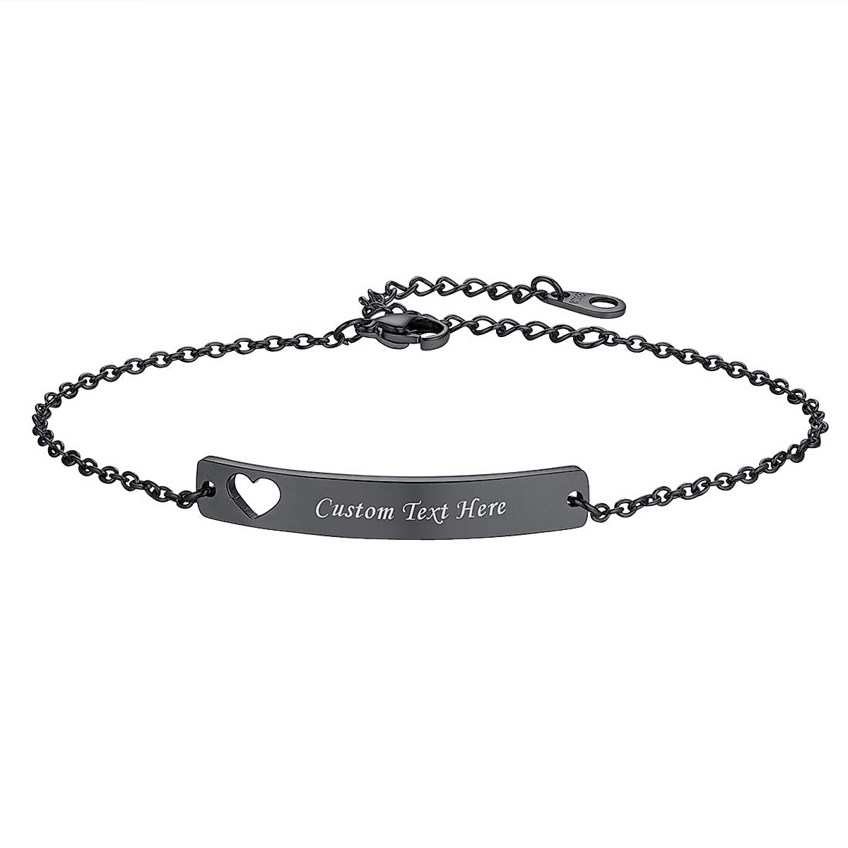U7 Mantra Engraving Identification Bracelet Customized Black Color Sideways Heart ID Bar Bracelet for Women, Fit 6-8.3 Inch