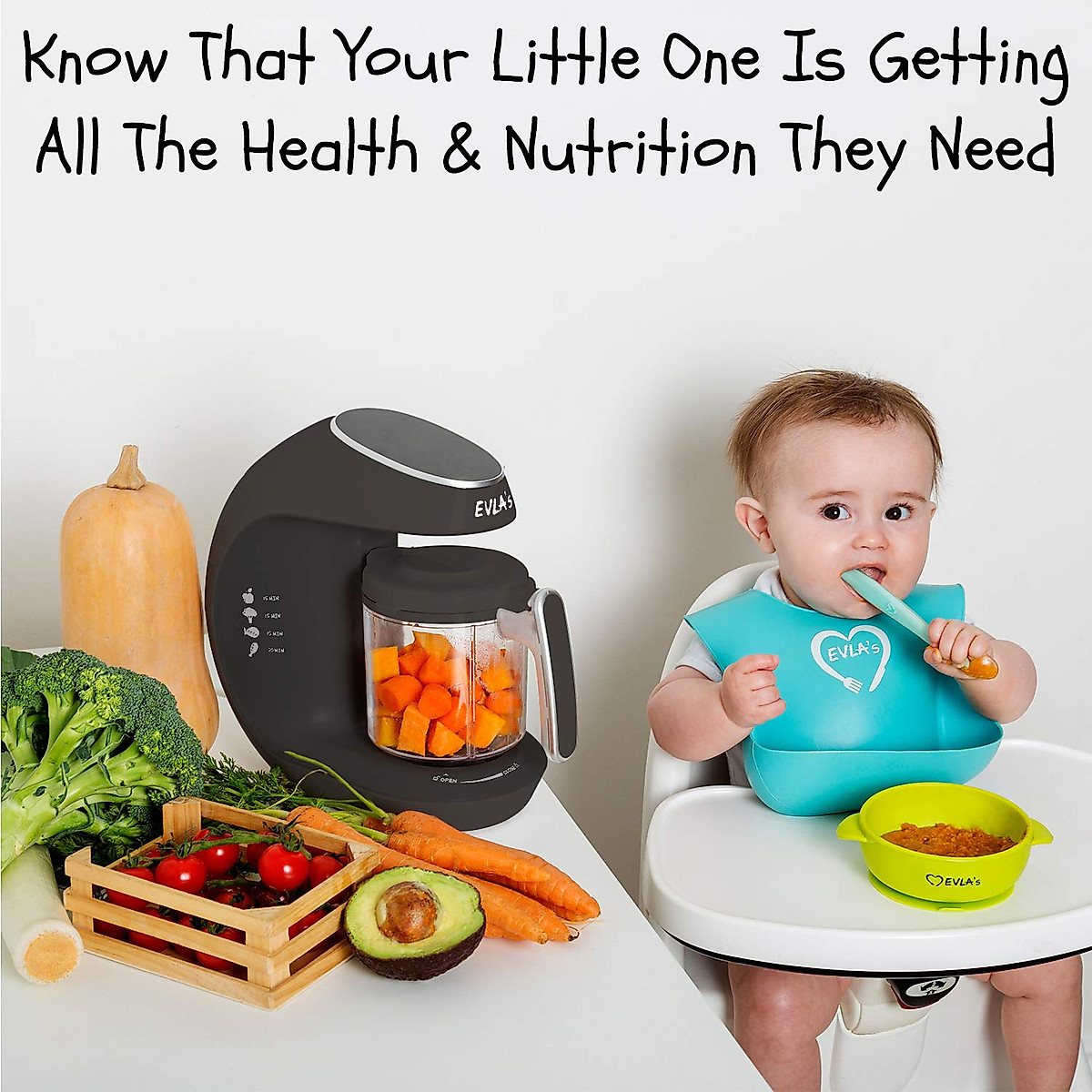 EVLA'S Baby Food Maker, Food Processor, Blender, Grinder, Steamer for Healthy, Homemade Food with 6 Reusable Pouches and Baby Feeding Set, Dark Gray & Turquoise